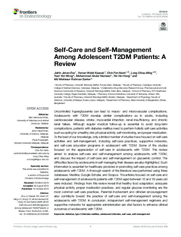(PDF) Self-Care and Self-Management Among Adolescent T2DM Patients: A Review | Chin Fen Neoh ...
