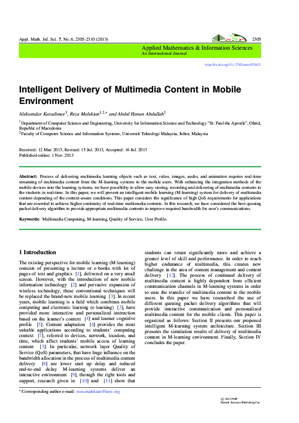 (PDF) Intelligent Delivery of Multimedia Content in Mobile Environment