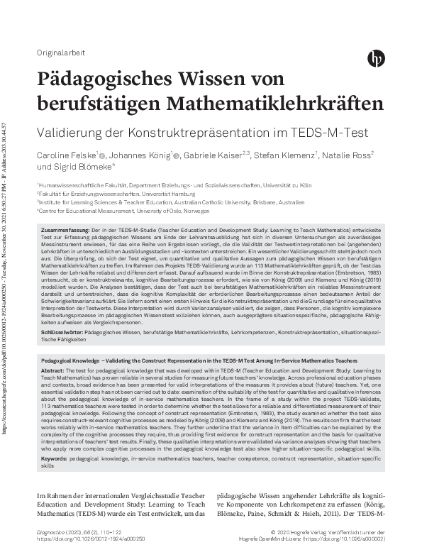 (PDF) Pedagogical knowledge of working math teachers : Validation of the construct ...