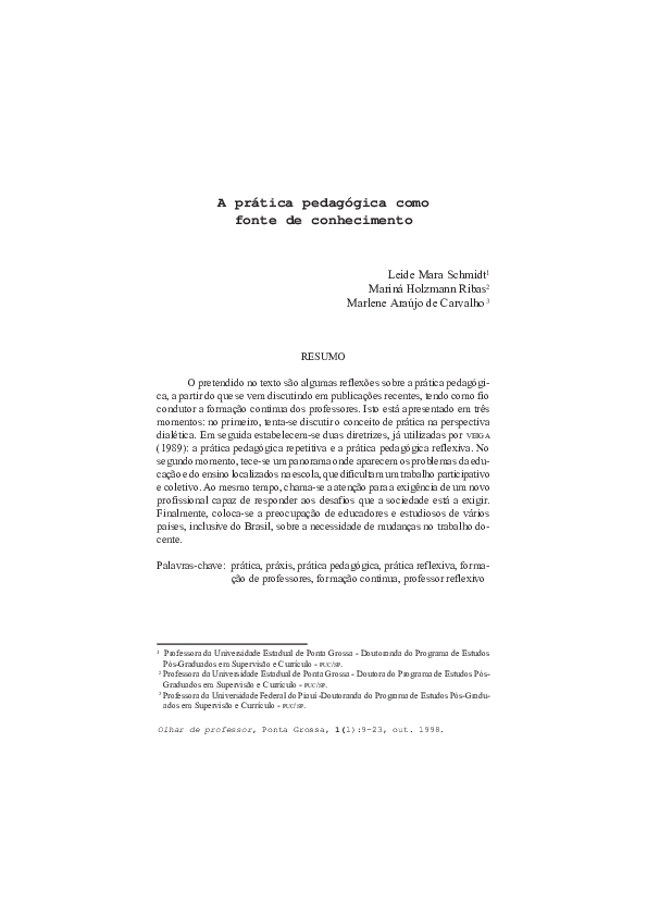 (PDF) A prática pedagógica como fonte de conhecimento