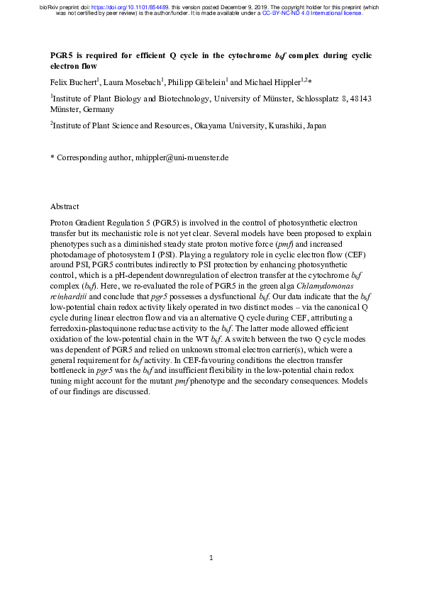 (PDF) PGR5 is required for efficient Q cycle in the cytochrome b6f ...
