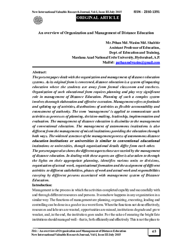 (PDF) An overview of Organization and Management of Distance Education
