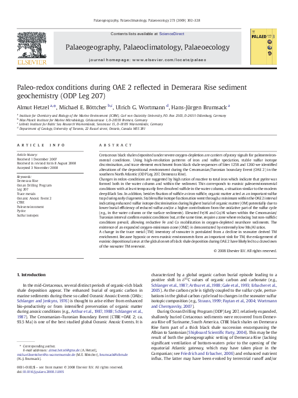 (PDF) Paleo-redox conditions during OAE 2 reflected in Demerara Rise ...