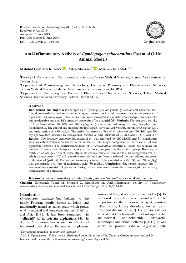 (PDF) Anti-Inflammatory Activity of Cymbopogon schoenanthus Essential Oil in Animal Models