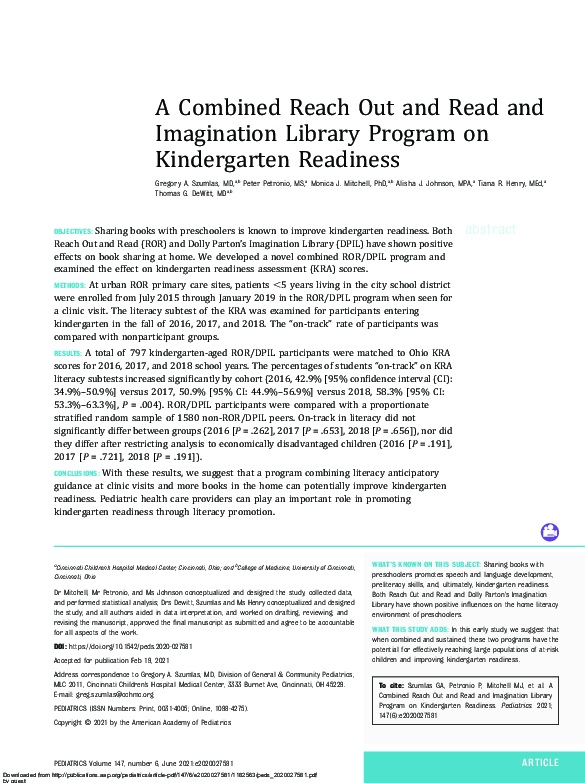 (PDF) A Combined Reach Out and Read and Imagination Library Program on Kindergarten Readiness ...