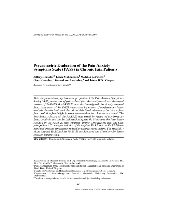 (PDF) Psychometric Evaluation of the Pain Anxiety Symptoms Scale (PASS ...