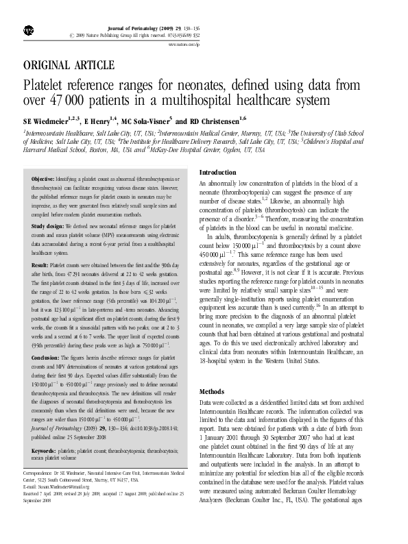 (PDF) Platelet reference ranges for neonates, defined using data from ...