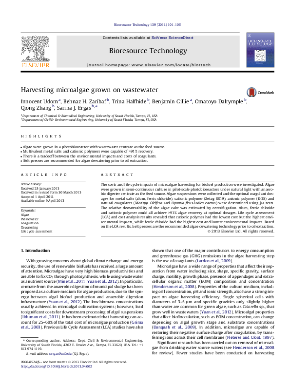 (PDF) Harvesting microalgae grown on wastewater