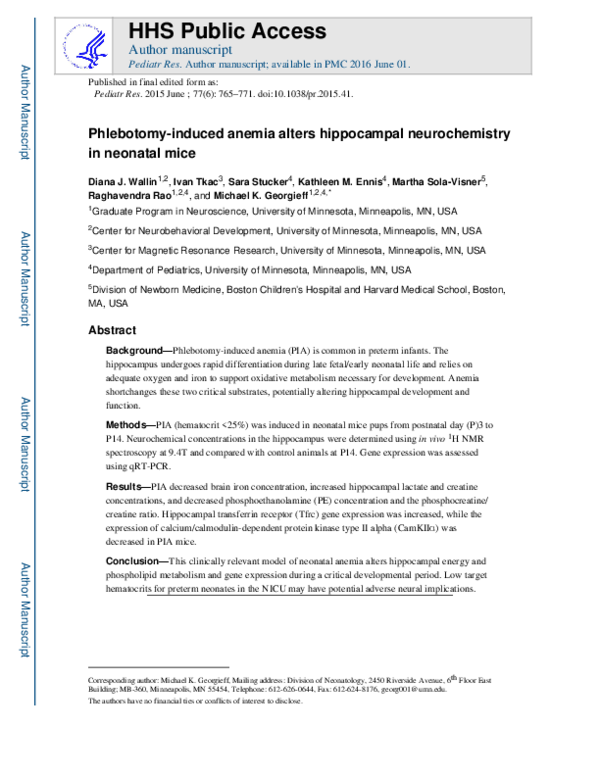 (PDF) Phlebotomy-induced anemia alters hippocampal neurochemistry in ...