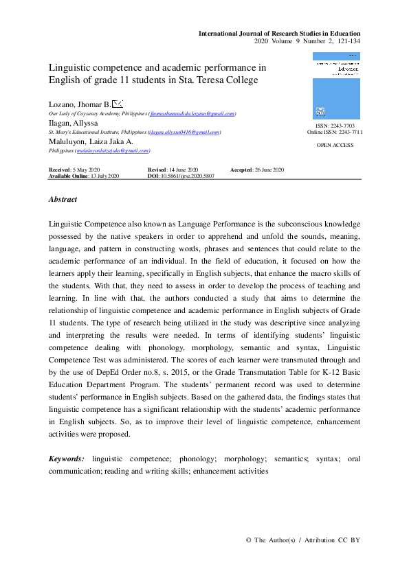 (PDF) Linguistic competence and academic performance in English of grade 11 students in Sta ...