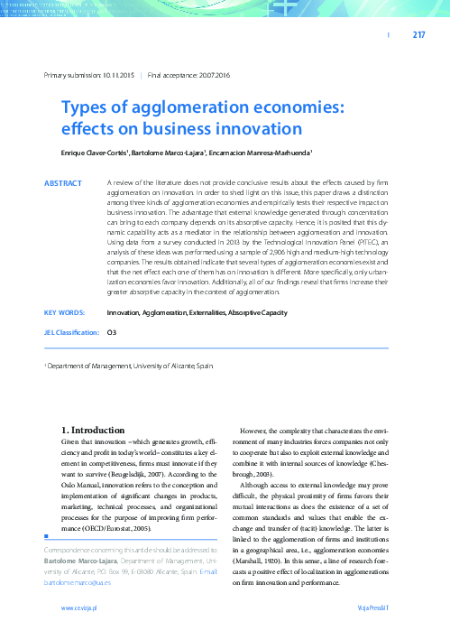 (PDF) Types of agglomeration economies: effects on business innovation