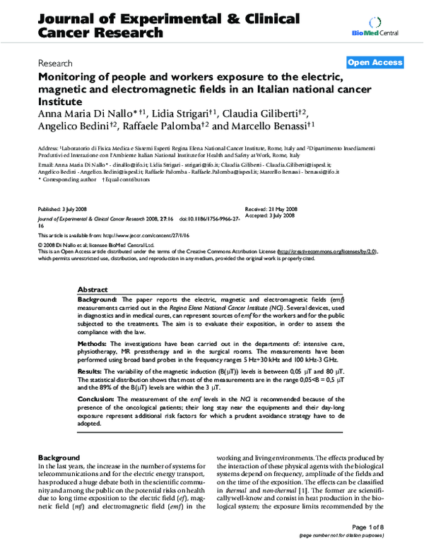 (PDF) Exposure Monitoring of EMF in a Cancer Institute