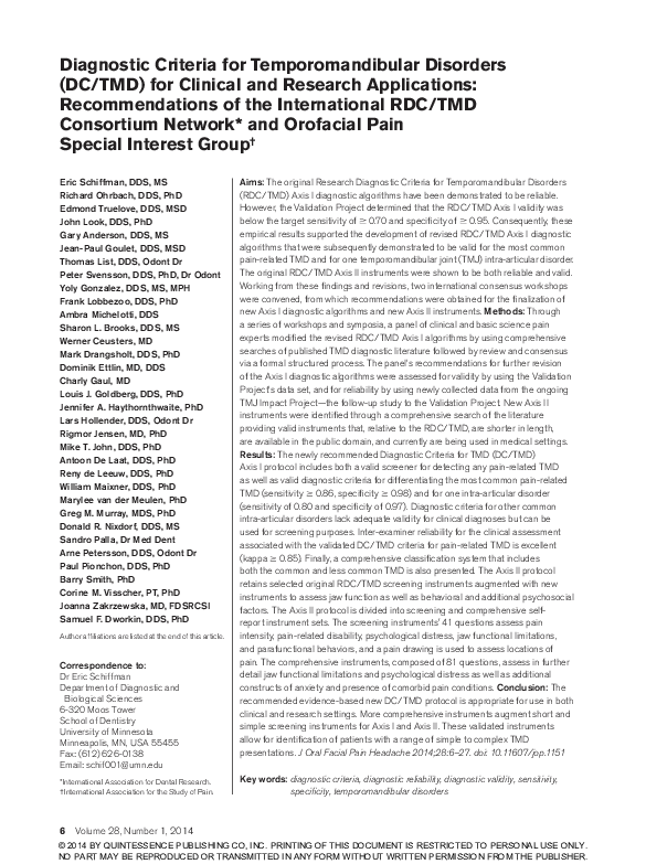 (PDF) Diagnostic Criteria for Temporomandibular Disorders (DC/TMD) for ...