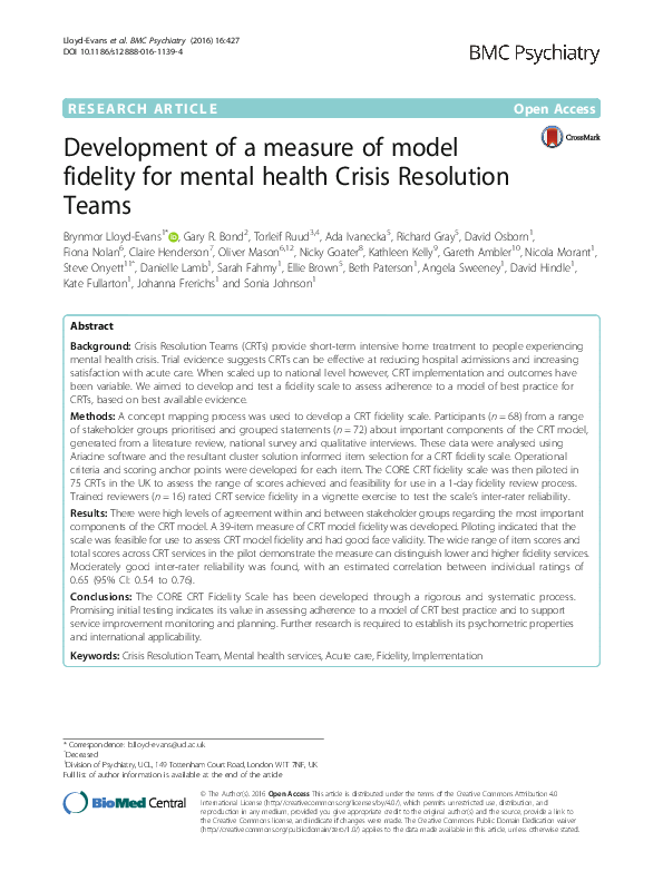 (PDF) Development of a measure of model fidelity for mental health ...