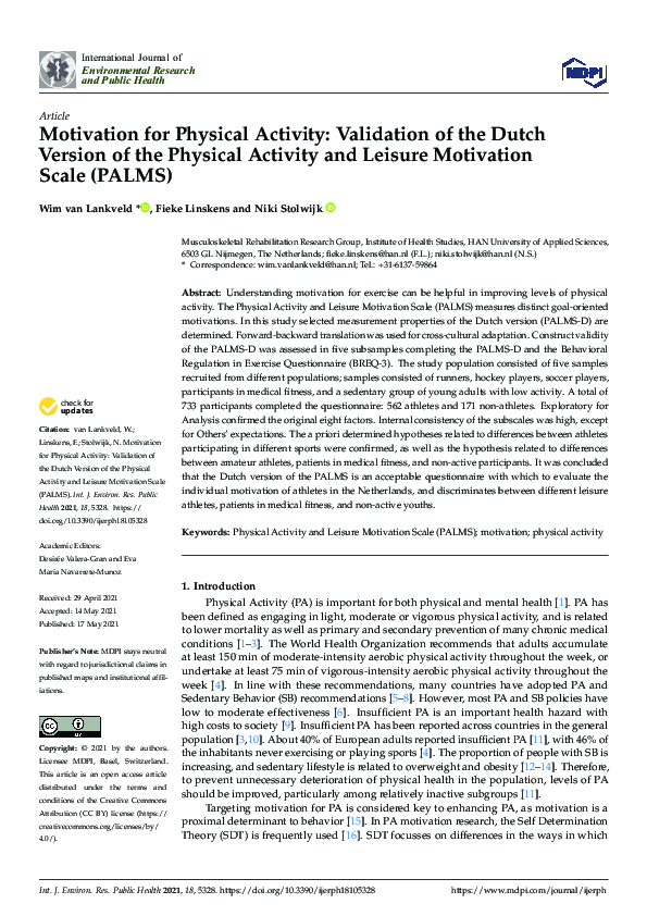 (PDF) Motivation for Physical Activity: Validation of the Dutch Version ...