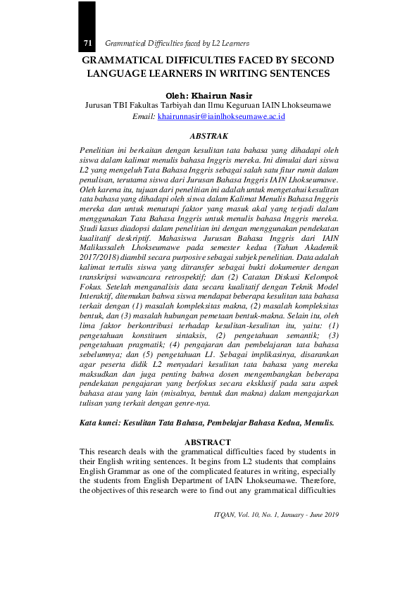 (PDF) Grammatical Difficulties Faced by Second Language (L2) Learners ...