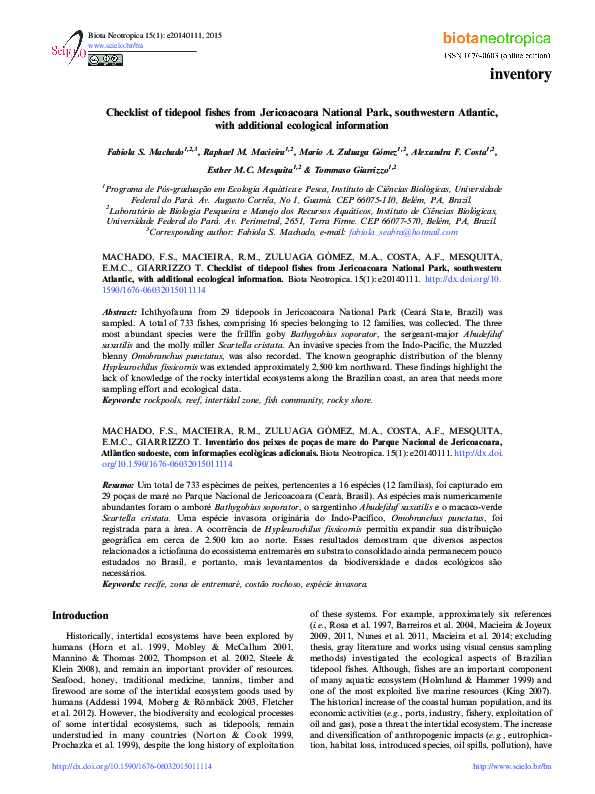 (PDF) Checklist of tidepool fishes from Jericoacoara National Park ...