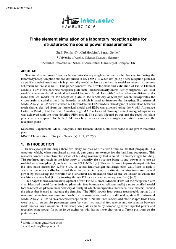 (PDF) Finite element simulation of a laboratory reception plate for structure-borne sound power ...