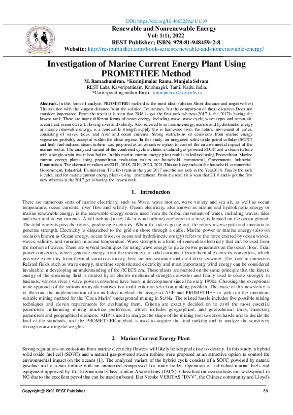 (PDF) Investigation of Marine Current Energy Plant Using PROMETHEE Method