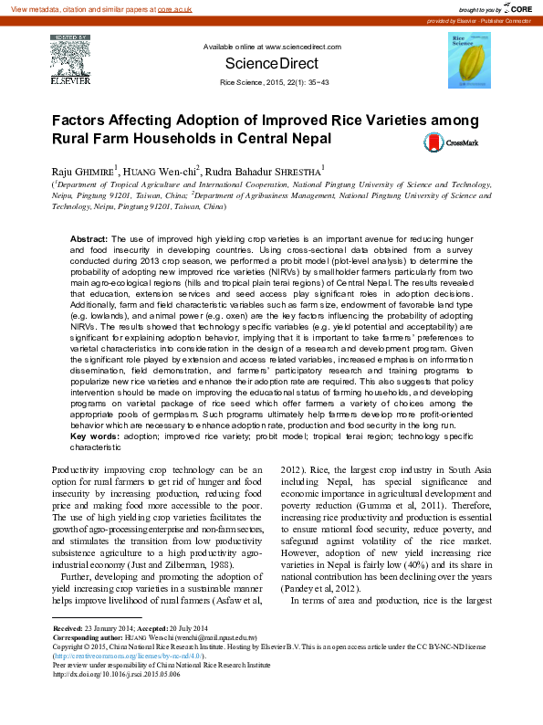 (PDF) Factors Affecting Adoption of Improved Rice Varieties among Rural Farm Households in ...