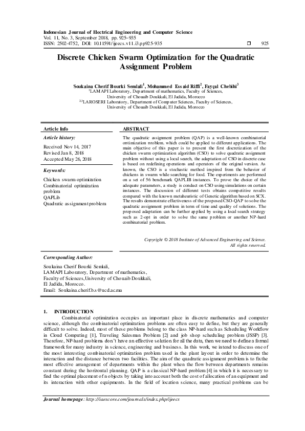 Pdf Discrete Chicken Swarm Optimization For The Quadratic Assignment Problem