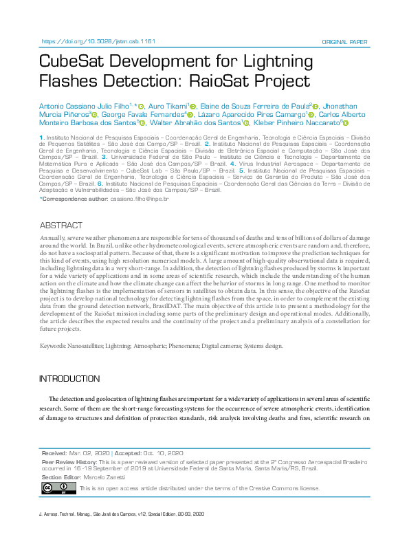 (PDF) CubeSat Development for Lightning Flashes Detection: RaioSat Project