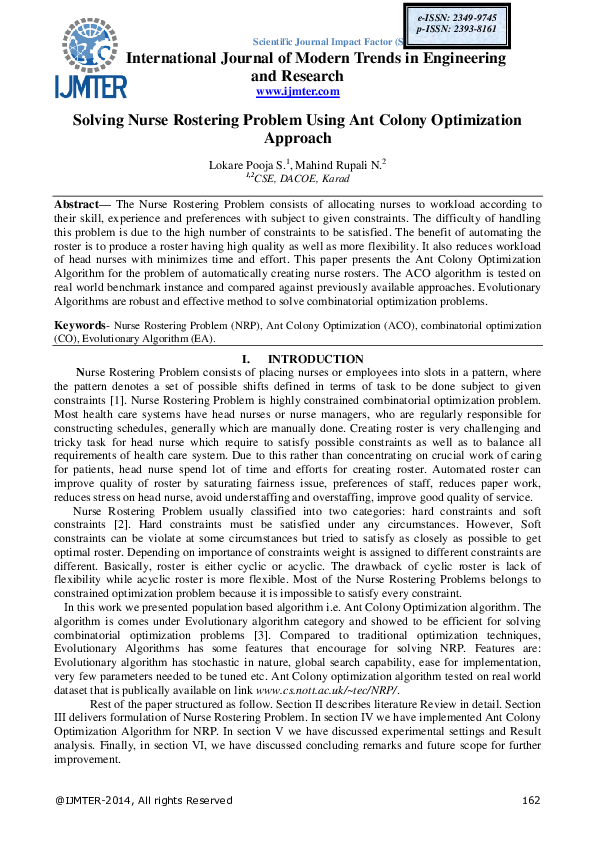 (PDF) Solving Nurse Rostering Problem Using Ant Colony Optimization Approach