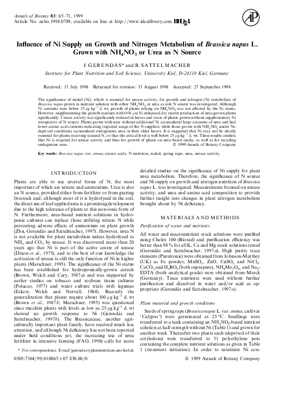 (PDF) Influence of Ni Supply on Growth and Nitrogen Metabolism ...