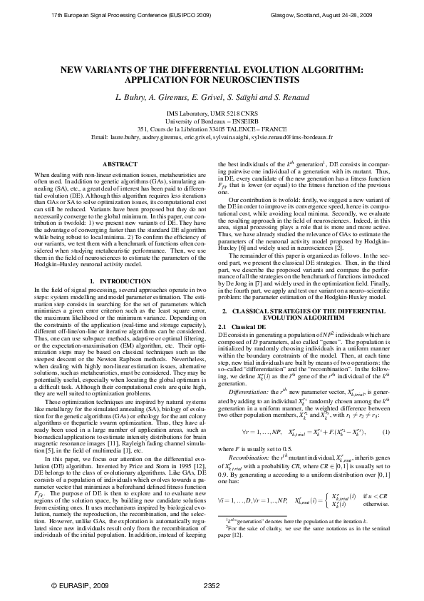 Pdf New Variant Of Differential Evolution Algorithm Application For Neuroscientists
