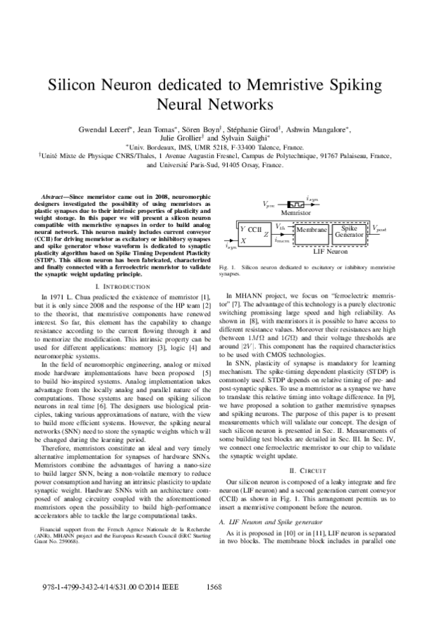 (PDF) Silicon neuron dedicated to memristive spiking neural networks