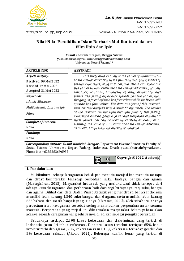 (PDF) Nilai-Nilai Pendidikan Islam Berbasis Multikultural dalam Film Upin dan Ipin