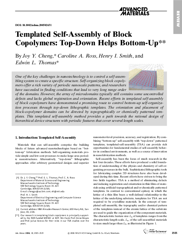 (PDF) Templated Self-Assembly of Block Copolymers: Top-Down Helps Bottom-Up