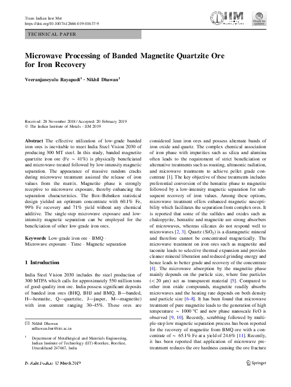 (PDF) Microwave Processing of Banded Magnetite Quartzite Ore for Iron ...