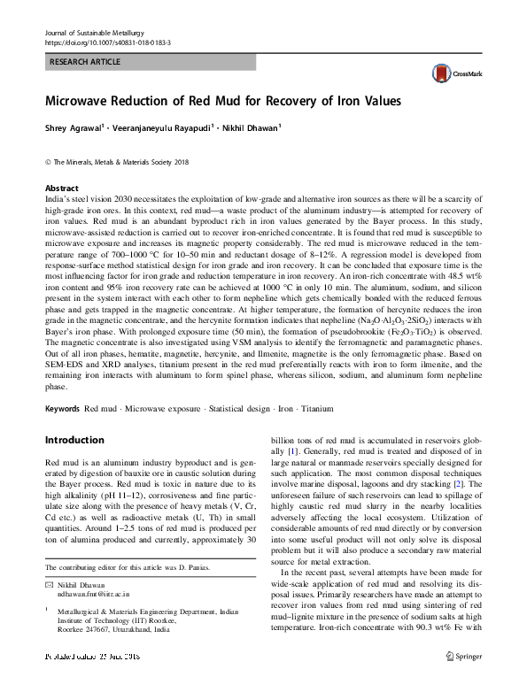 (PDF) Microwave Reduction of Red Mud for Recovery of Iron Values