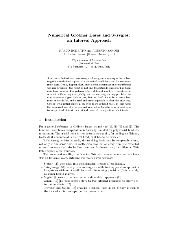 (PDF) Numerical Grobner Bases and Syzygies: an Interval Approach