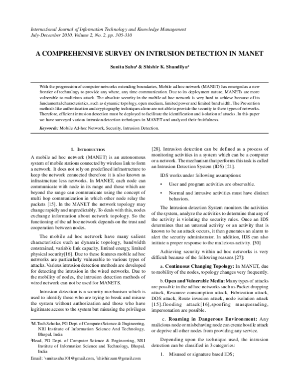 Pdf A Comprehensive Survey On Intrusion Detection In Manet Sunita
