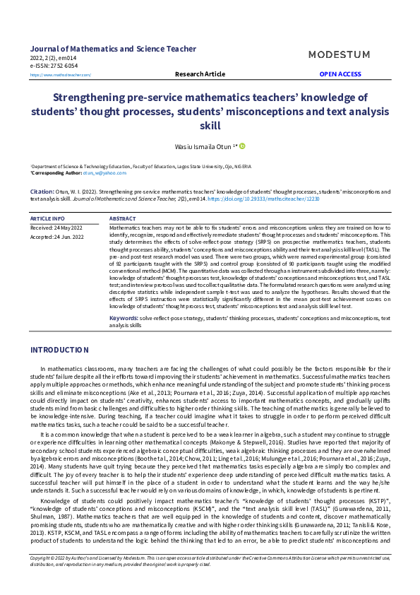 (PDF) Strengthening pre-service mathematics teachers’ knowledge of students’ thought processes ...