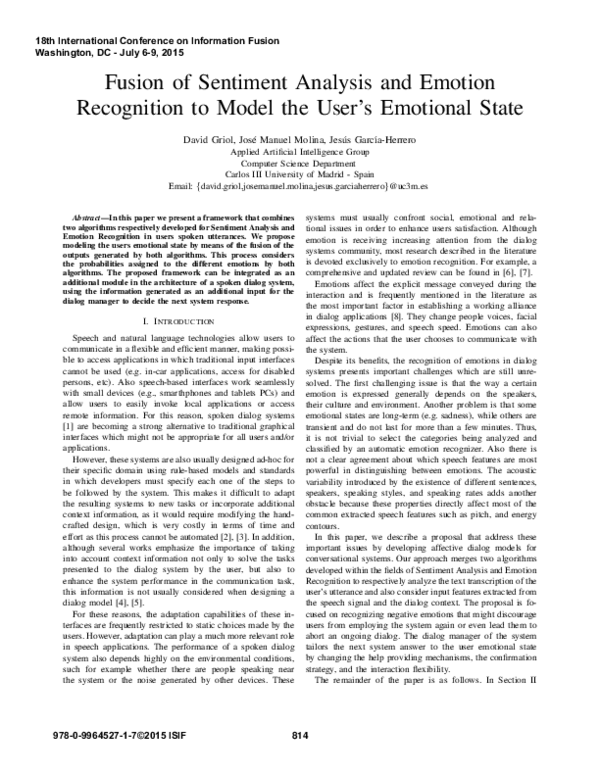 (PDF) Fusion of sentiment analysis and emotion recognition to model the user's emotional state ...