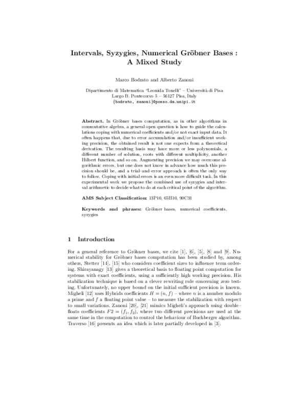 (PDF) Intervals, Syzygies, Numerical Gröbner Bases: A Mixed Study