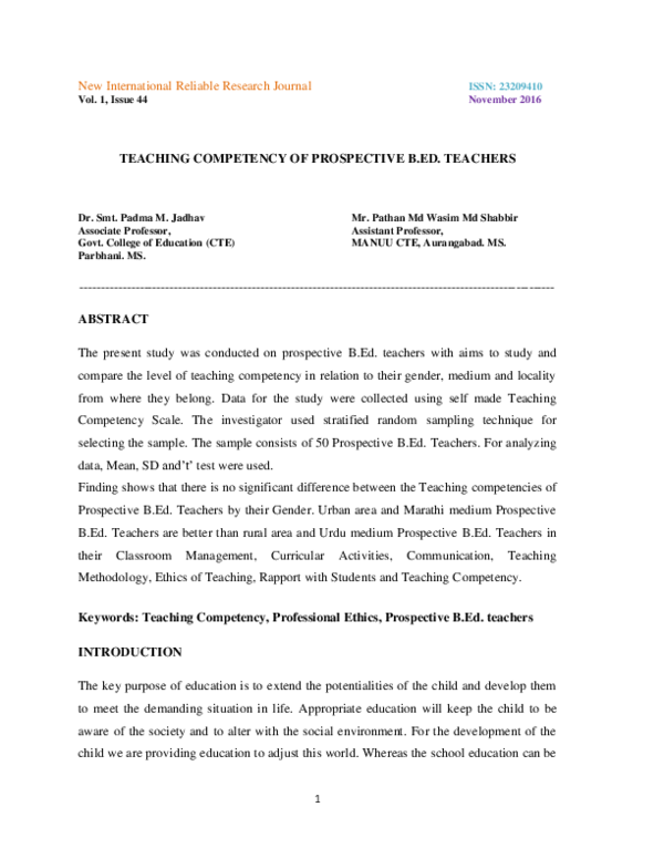 (PDF) TEACHING COMPETENCY OF PROSPECTIVE B.ED. TEACHERS