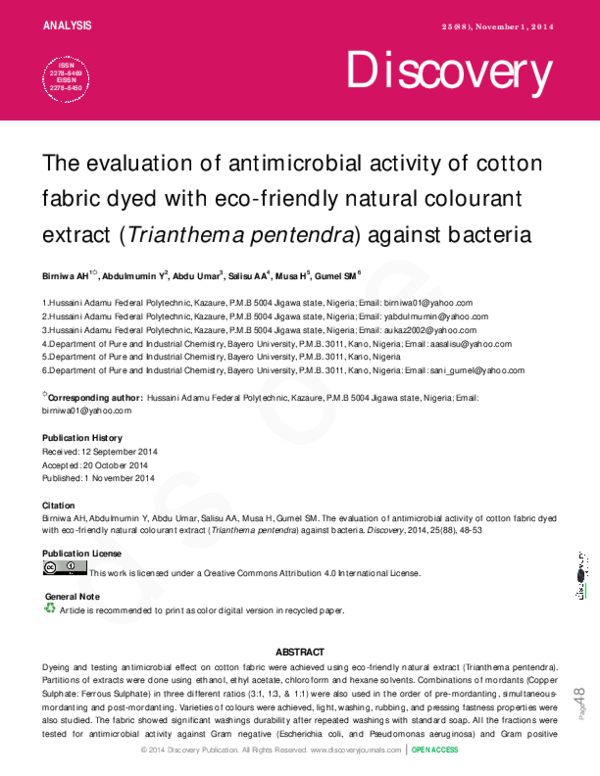 (PDF) The evaluation of antimicrobial activity of cotton fabric dyed with eco-friendly natural ...