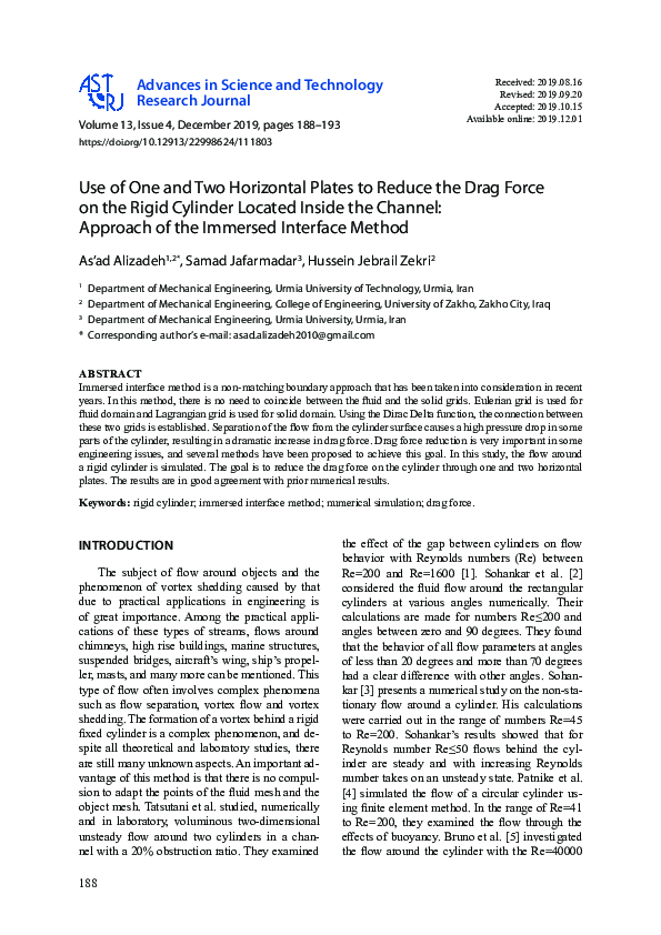 Pdf Use Of One And Two Horizontal Plates To Reduce The Drag Force On The Rigid Cylinder