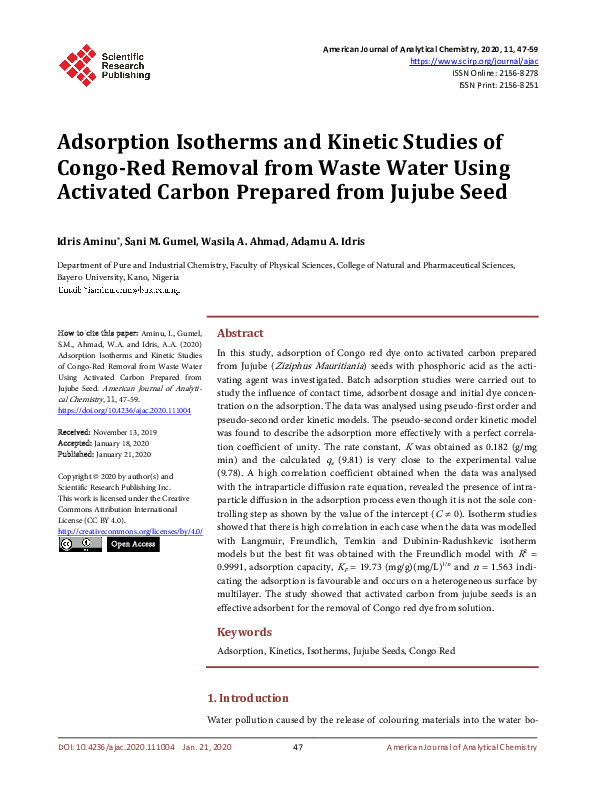 (PDF) Adsorption Isotherms and Kinetic Studies of Congo-Red Removal from Waste Water Using ...