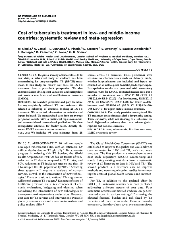 (PDF) Cost of tuberculosis treatment in low- and middle-income ...