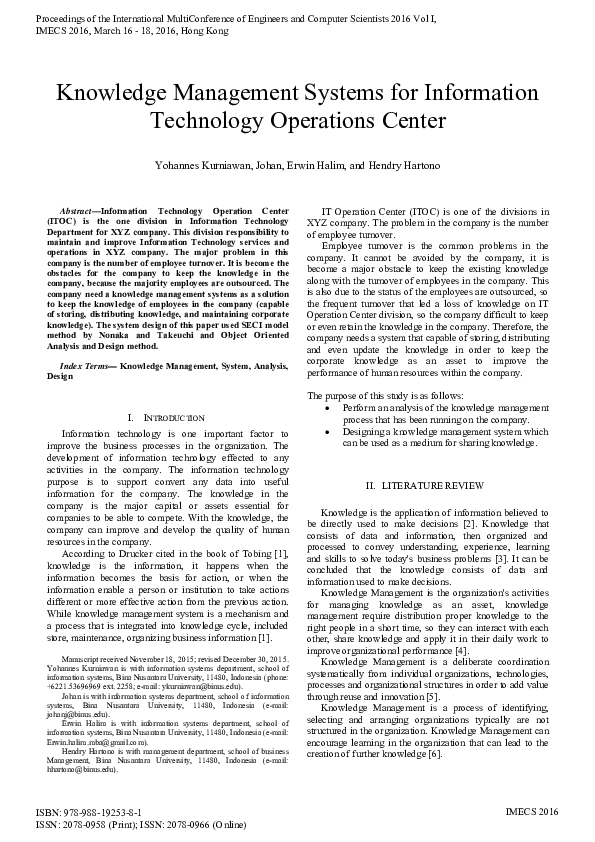 (PDF) Knowledge Management Systems for Information Technology Operations Center (SCOPUS ...