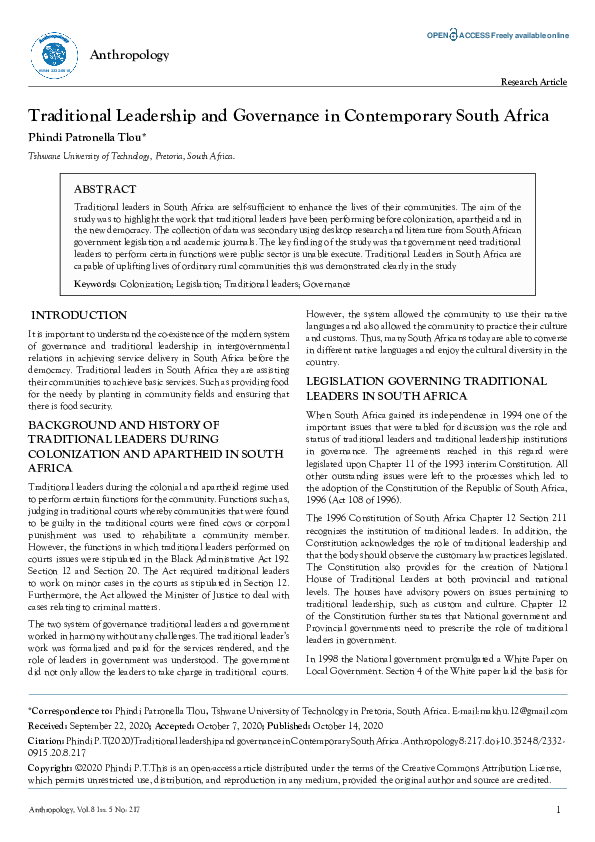 (PDF) Traditional Leadership and Governance in Contemporary South Africa