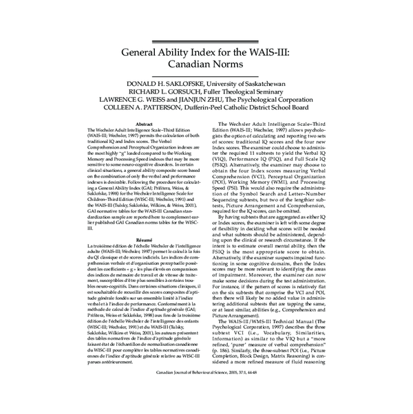(PDF) General Ability Index for the WAIS-III: Canadian Norms