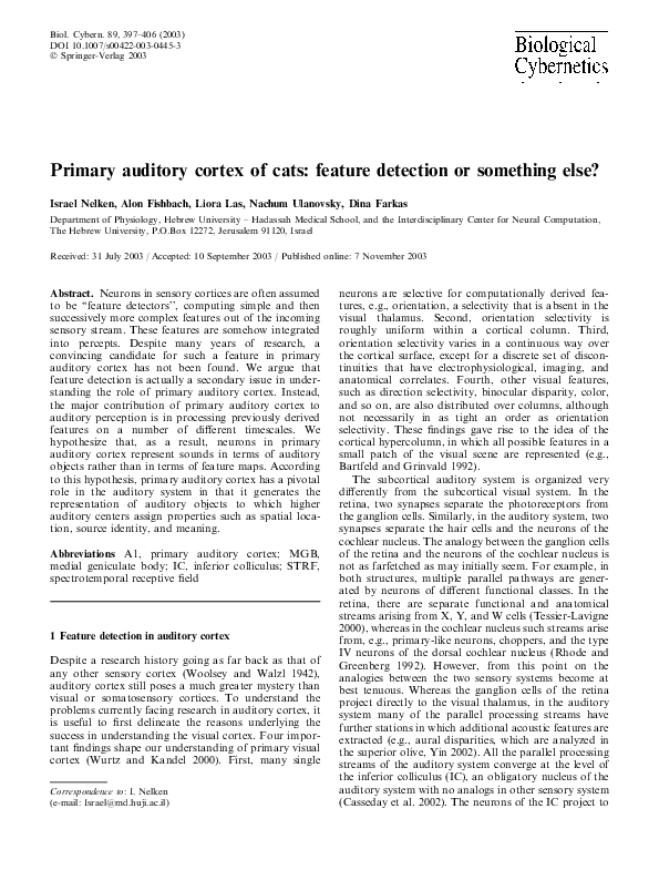 (PDF) Primary auditory cortex of cats: feature detection or something else?