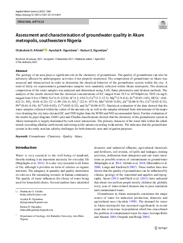 (PDF) Assessment and characterisation of groundwater quality in Akure metropolis, southwestern ...