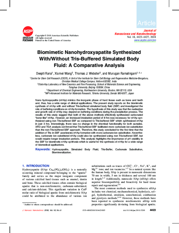 (PDF) Biomimetic Nanohydroxyapatite Synthesized With/Without Tris ...